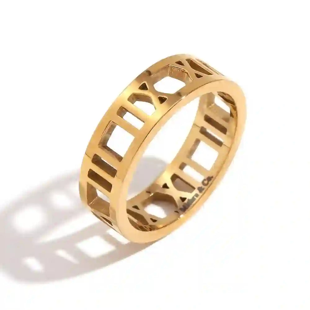 Shop Gold Plated Numerals RIng - Carved Roman Calligraphy